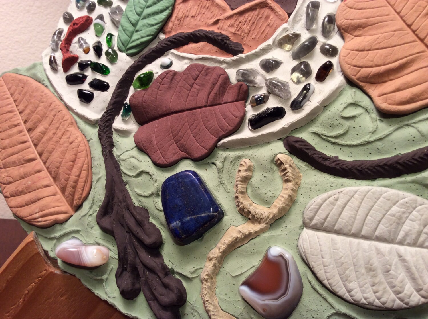 Hand Carved Cast Stone Sculpture of Salmon Creek & Leaves With Lapis ...