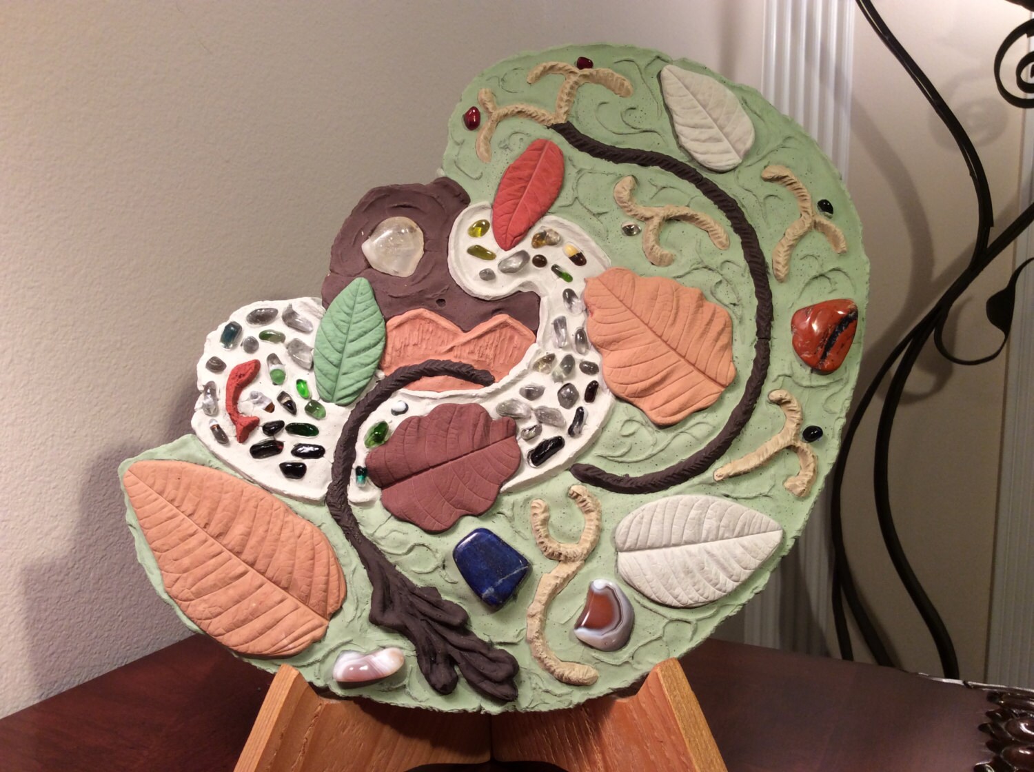 Hand Carved Cast Stone Sculpture of Salmon Creek & Leaves With Lapis ...
