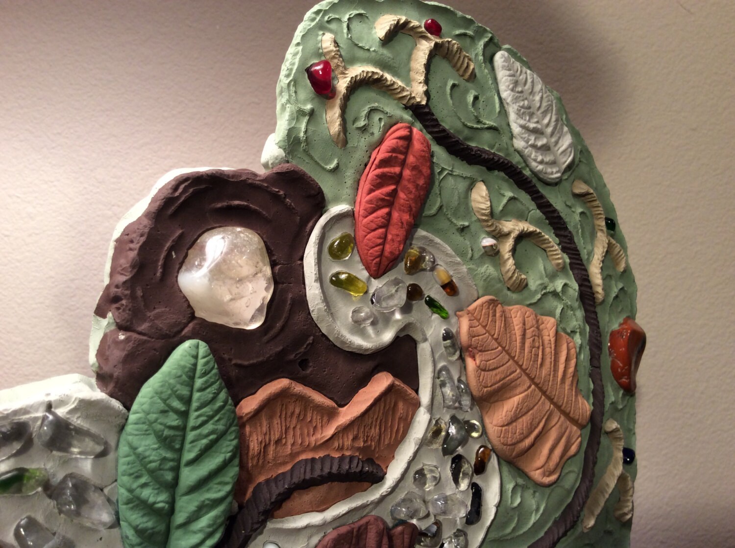 Hand Carved Cast Stone Sculpture of Salmon Creek & Leaves With Lapis ...
