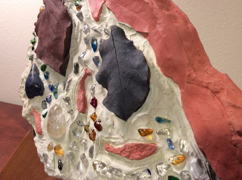 Floating Leaves and Salmon Sculpture, Cast Stone Carving, Citrine ...