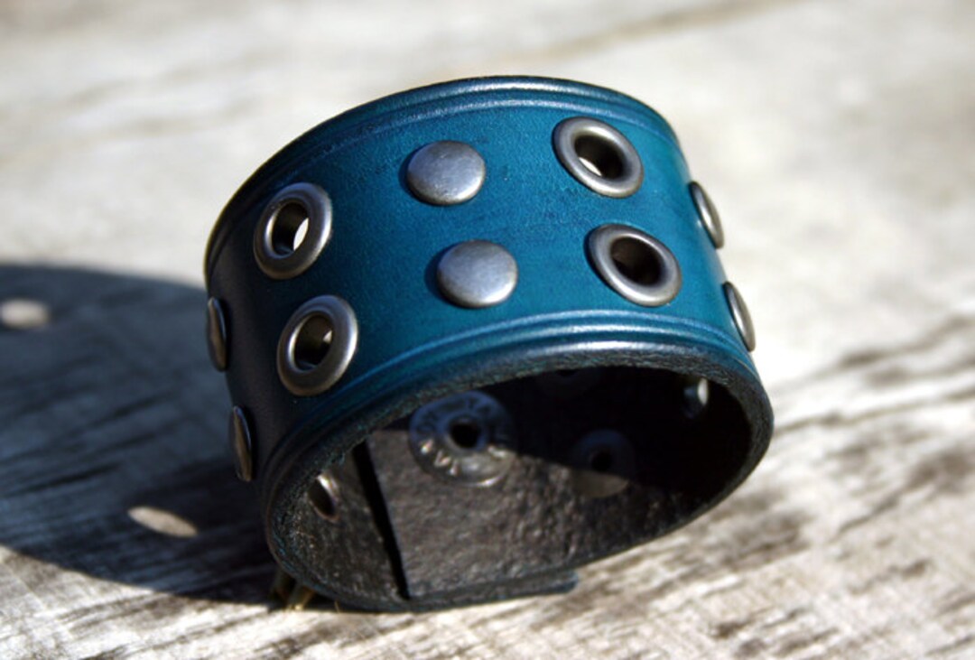 Blue Leather Wrist Cuff / Blue Wrist Cuff With Antique Nickel Rivets ...