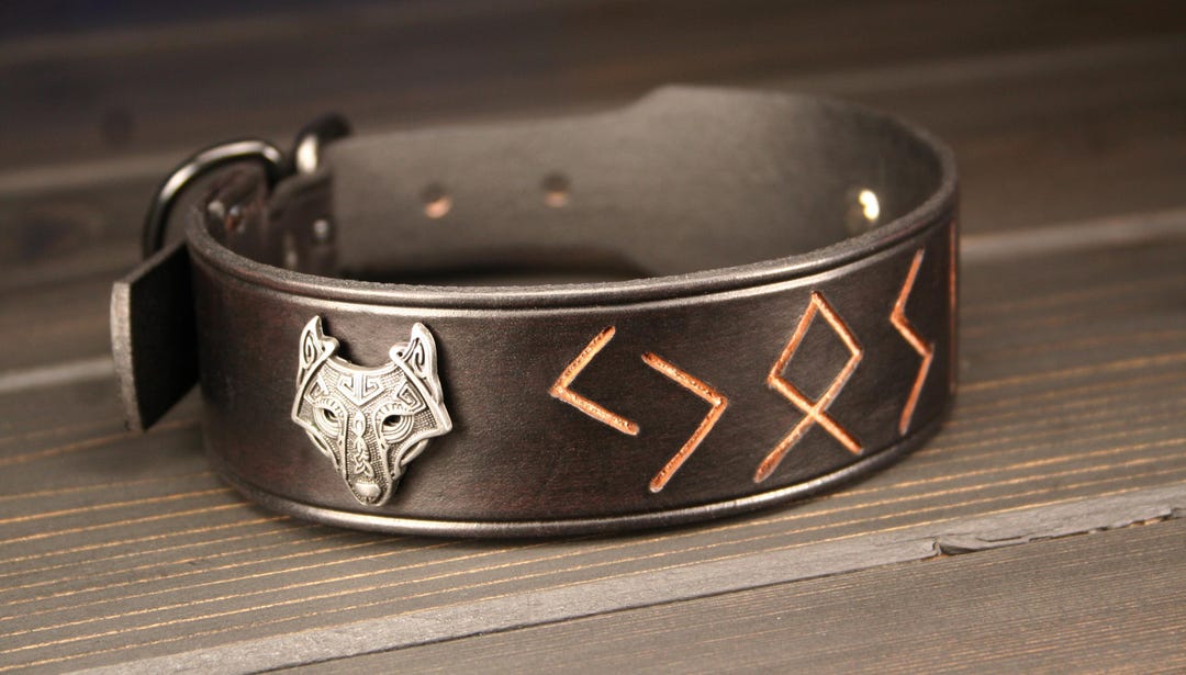 Customized Runic Dog Collar With Viking Wolf Conchos, Runes Style Dog ...