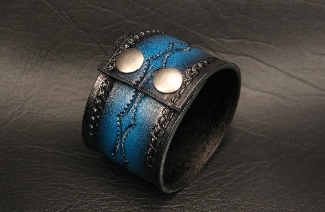 Blue Leather Wristcuff / Wide Cuff Blue Leather With Black Edges ...