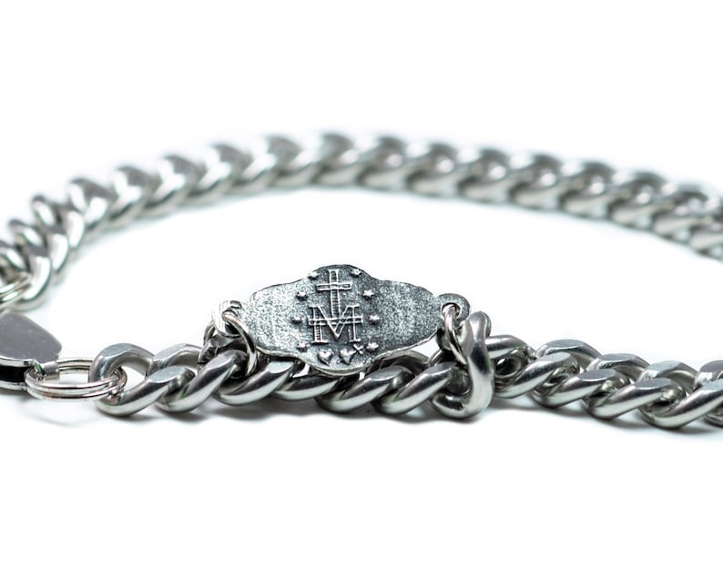 Men's Stainless Steel With Sterling Silver Miraculous Medal Link ...