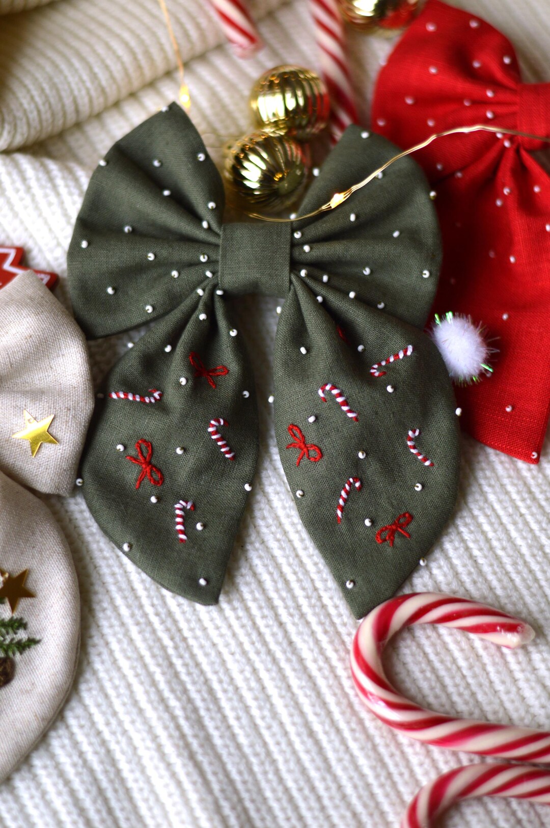 Hand-embroidered Linen Holiday Bow: Candy Cane & Bow Motifs - Etsy