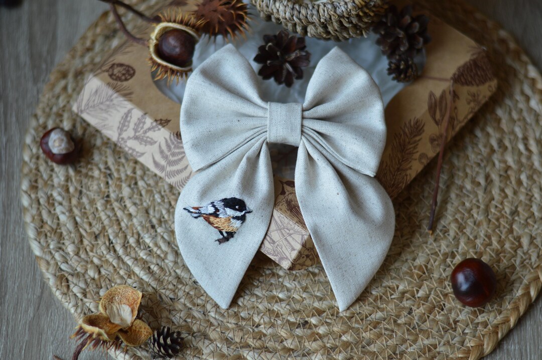 Handmade Linen Bow With Bird Embroidery - Etsy