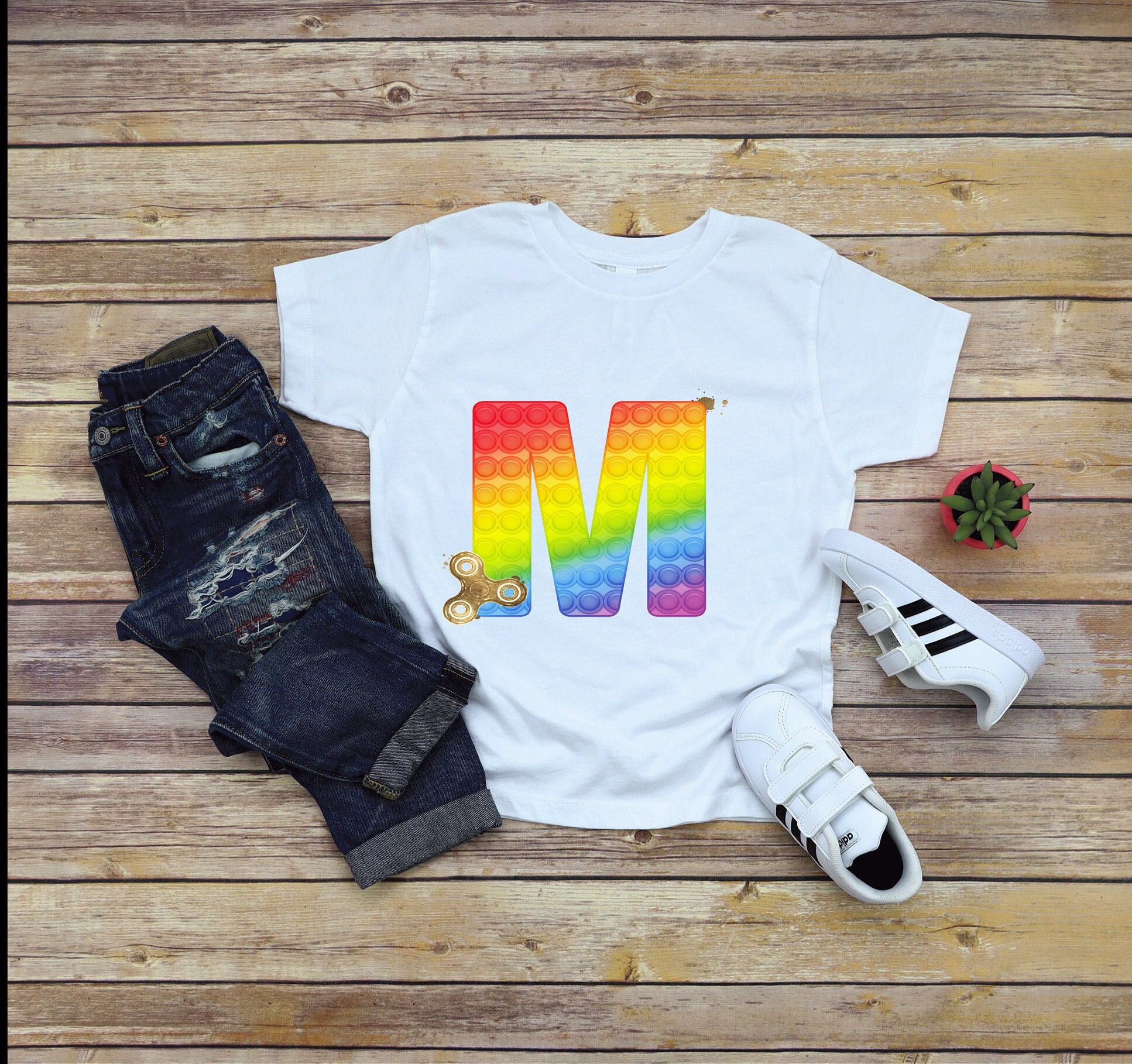 Pop It Fidget Initial Tshirt, Personalised Pop It Tee, Initial Tshirt, Fidget Tshirt, Rainbow ...