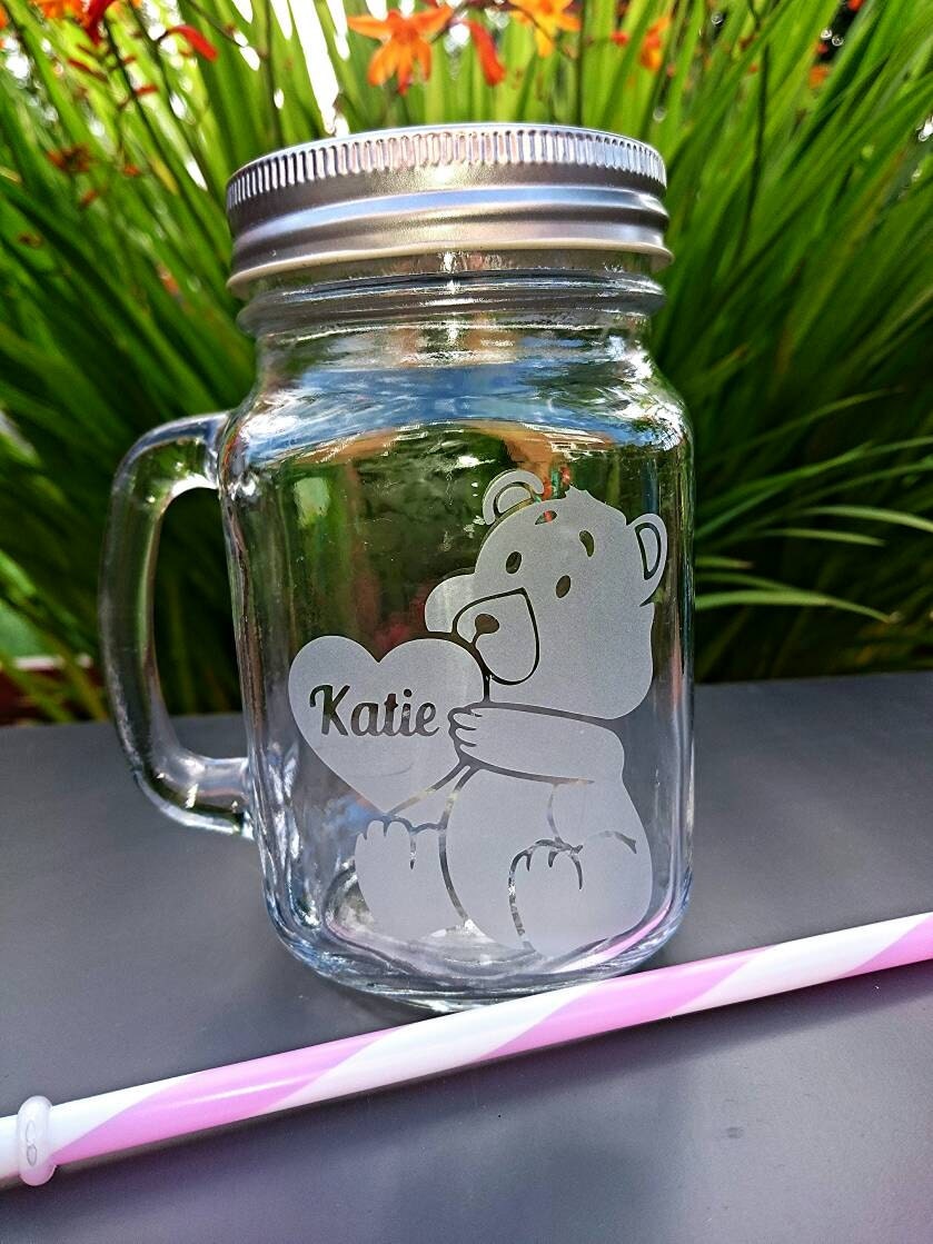 Engraved Teddy Bear Mason Drinking Jar - Personalised - Handmade - Etsy UK