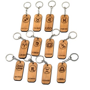 Personalized Zodiac Wooden Keychain, Engraved Keyrings, Zodiac Signs ...