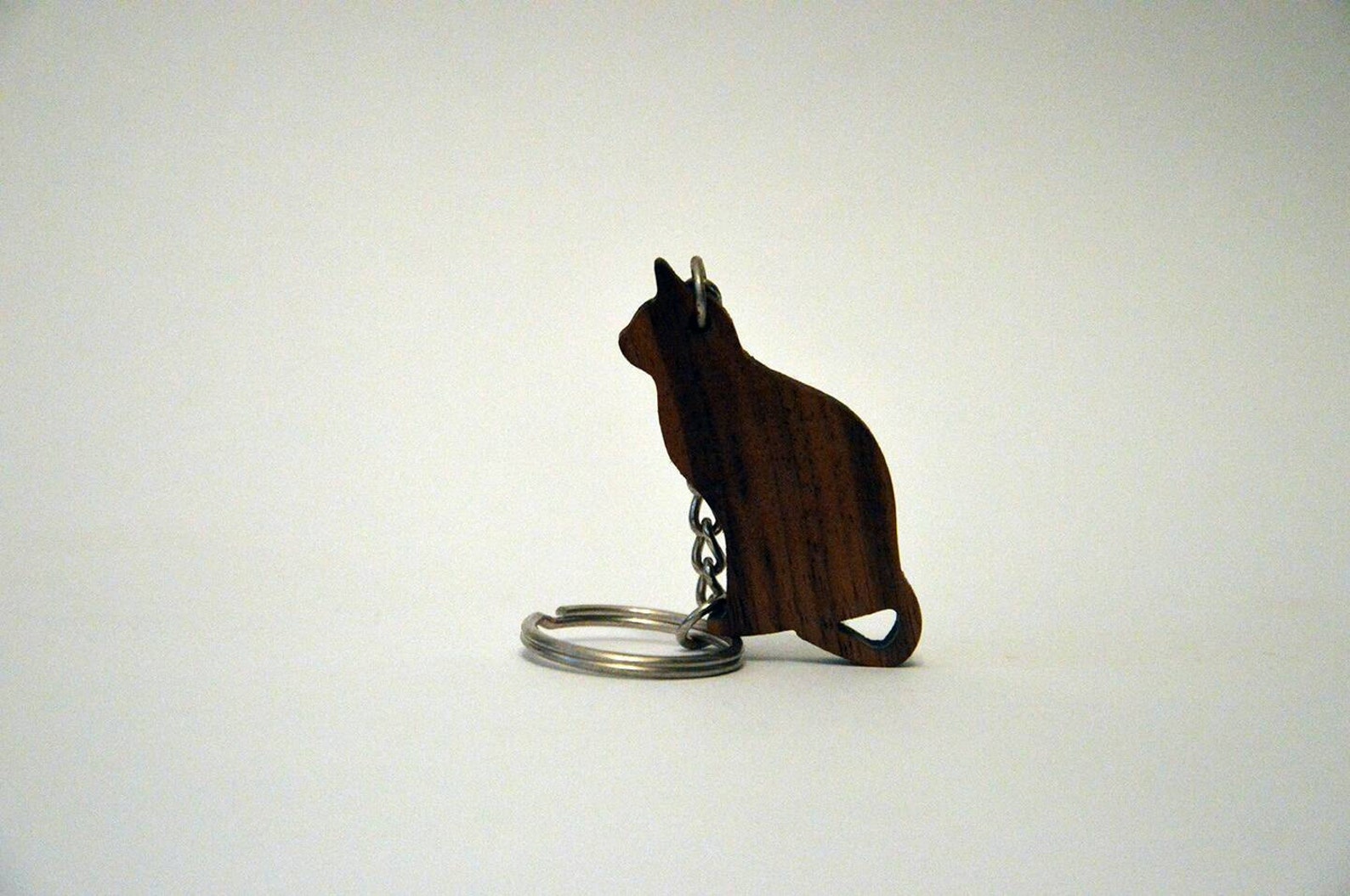 Wooden Cat Keychain, Walnut Wood, Animal Keychain, Environmental ...