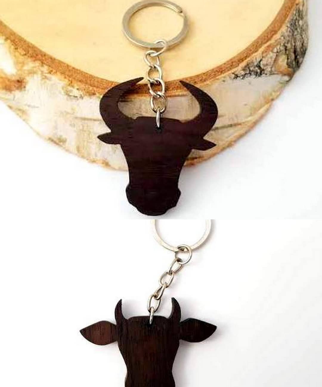 Wooden COW or BULL Head Keychain, Walnut Wood, Animal Keychain ...