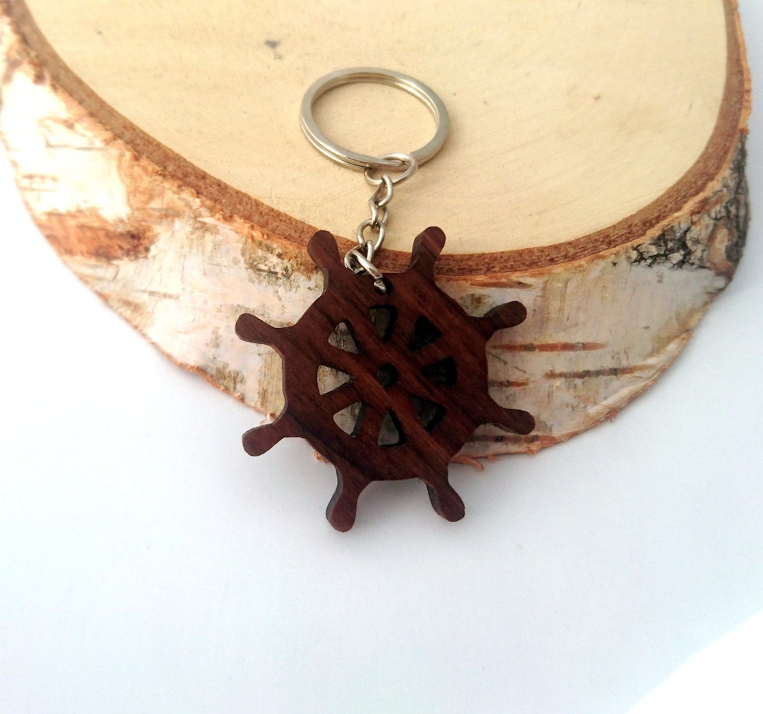 Ship's Wheel Wooden Keychain, Walnut Wood, Nautical Keychain ...
