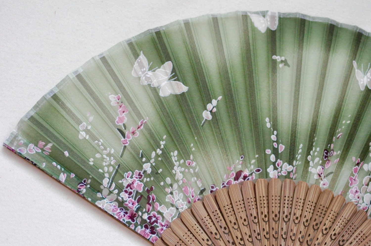 Green Sakura and Butterfly Hand Fan With Sleeve handheld | Etsy