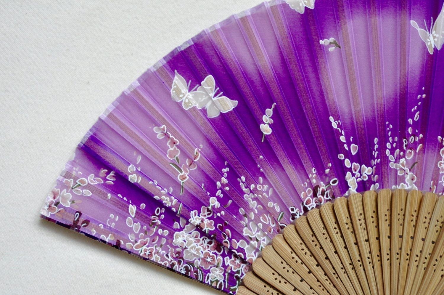 Silk Purple Sakura and Butterfly Hand Fan With Sleeve - Etsy