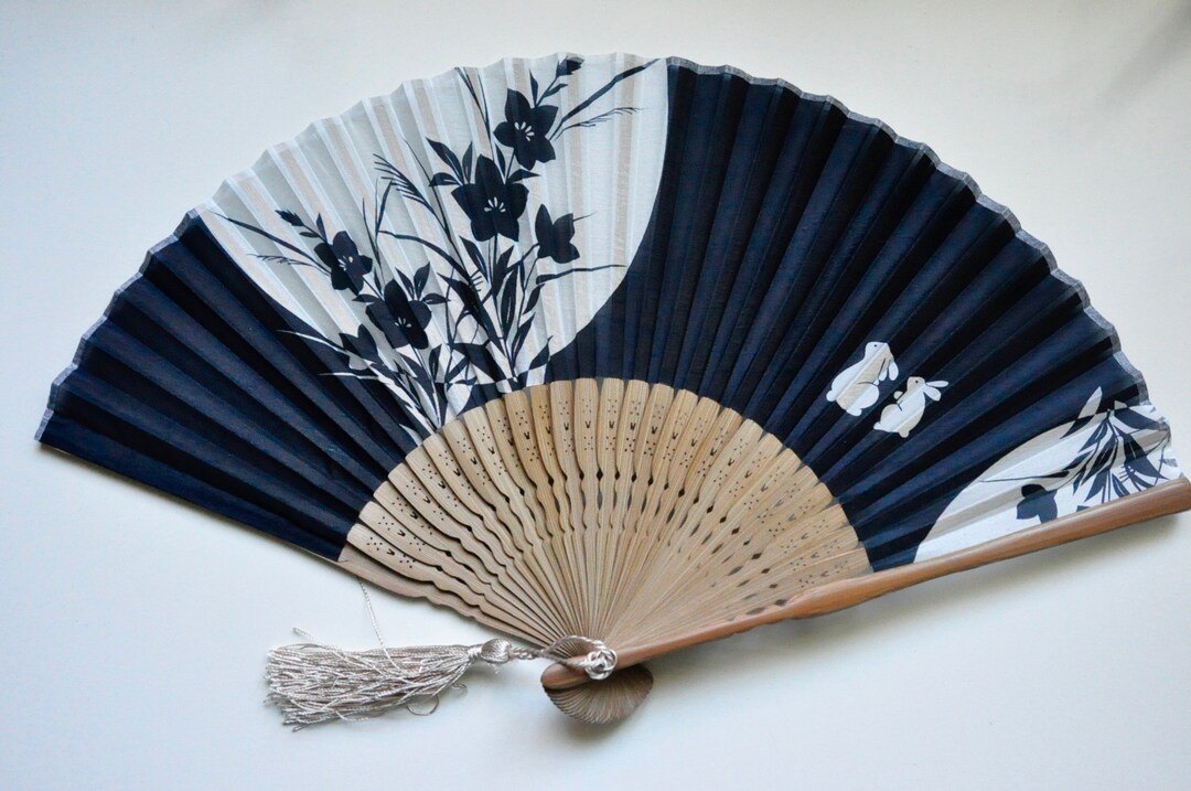 Silk Black Rabbit Hand Fan With Sleeve -handheld Folding Fan, Japanese ...