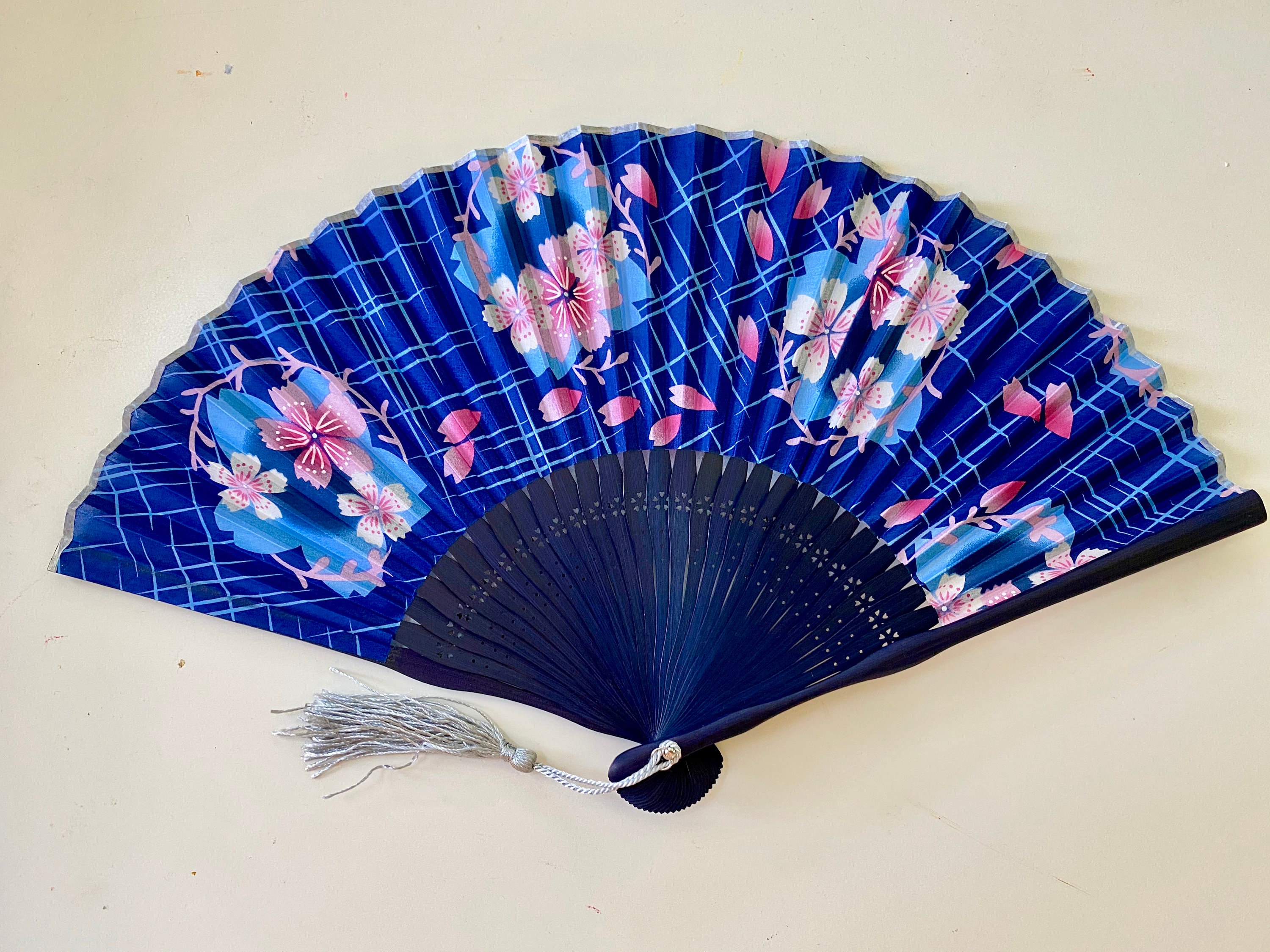 Silk Midnight Sakura Hand Fan With Sleeve handheld Folding - Etsy