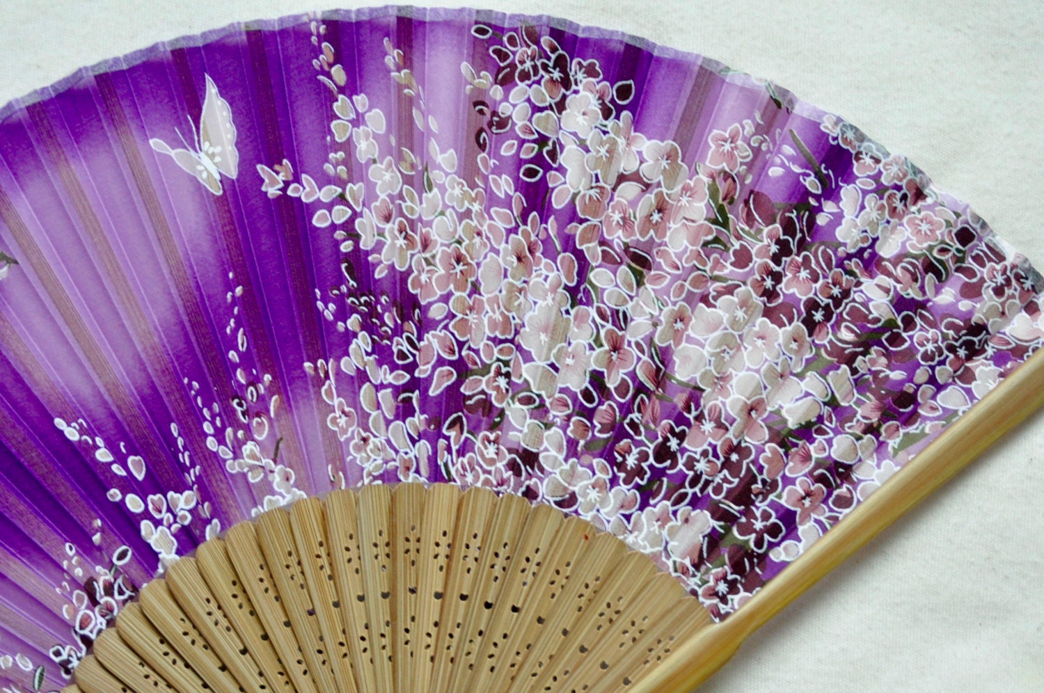 Silk Purple Sakura and Butterfly Hand Fan With Sleeve - Etsy