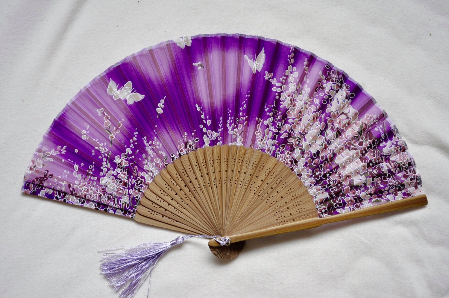 Silk Purple Sakura and Butterfly Hand Fan With Sleeve - Etsy