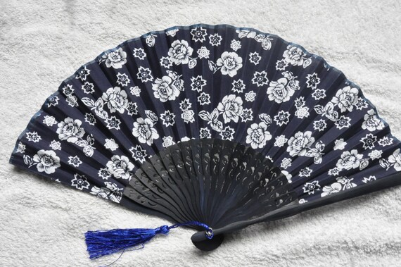 Fabric Floral Navy Blue Hand Fan With Sleeve - Etsy