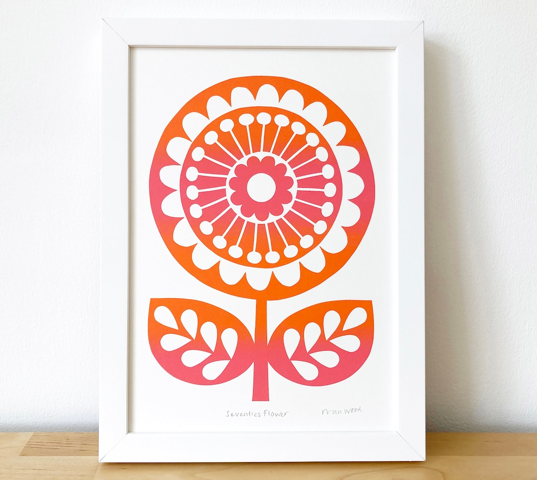 Retro 70s Flower Print, Orange Pink Gradient, Signed, Handprinted, Size ...