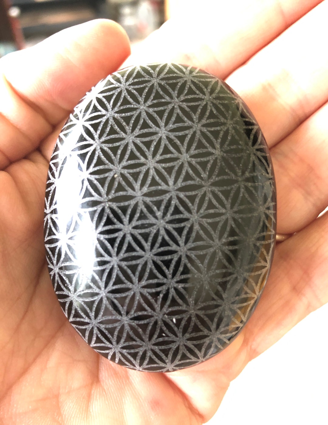 Black Obsidian Large Engraved Palm Stone - Flower of Life - Obsidian ...