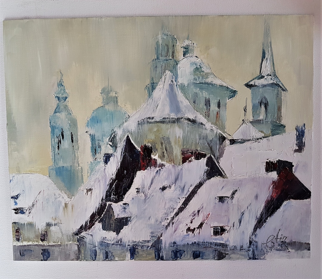 Winter Cityscape Oil Painting: Balkan Medieval Town Art (9x12 Inches ...