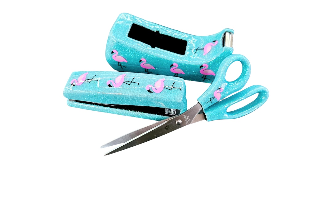 Custom Flamingo Aqua Glitter Office Supply Set, Personalized Office ...