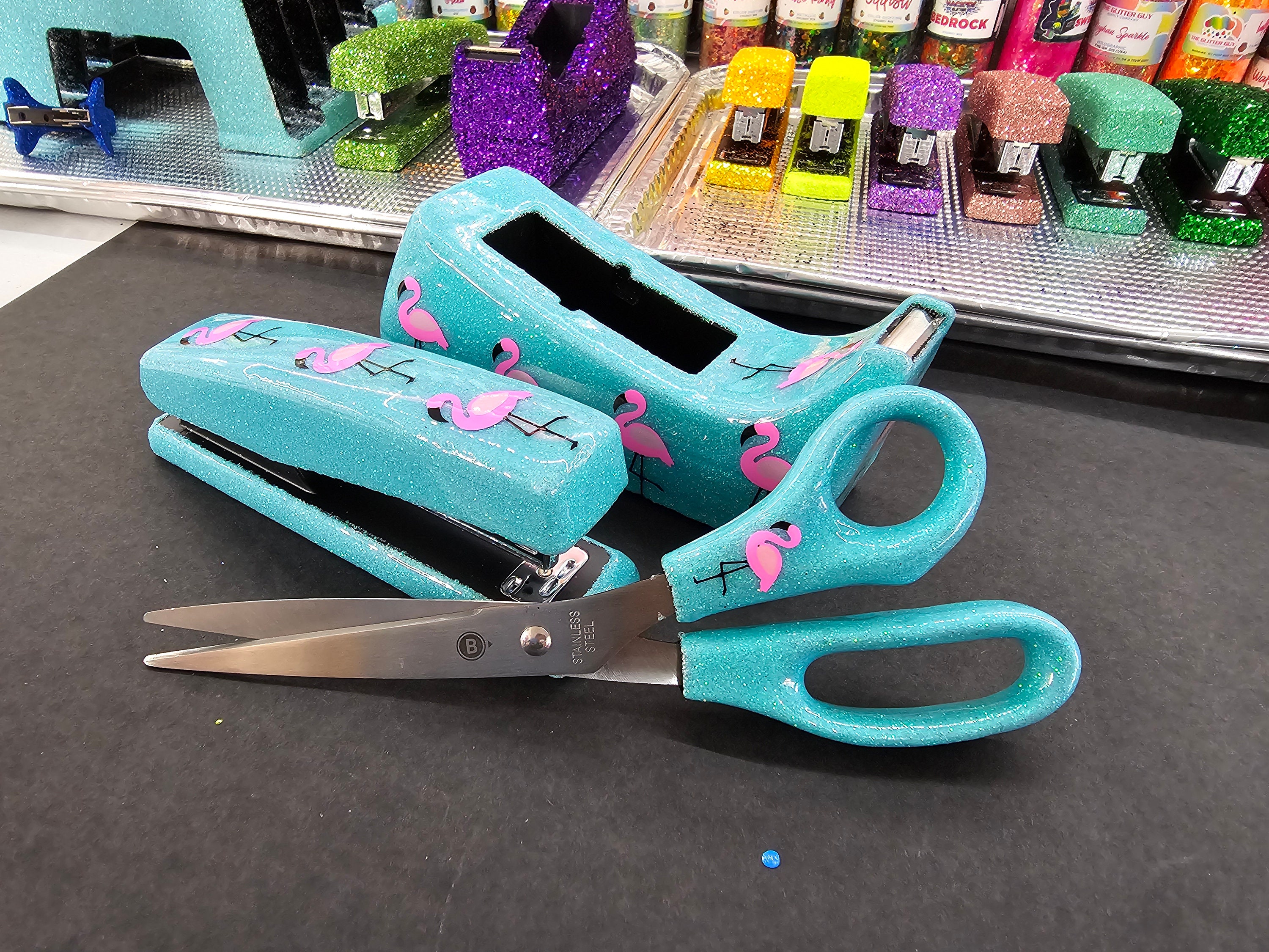 Custom Flamingo Aqua Glitter Office Supply Set, Personalized Office ...