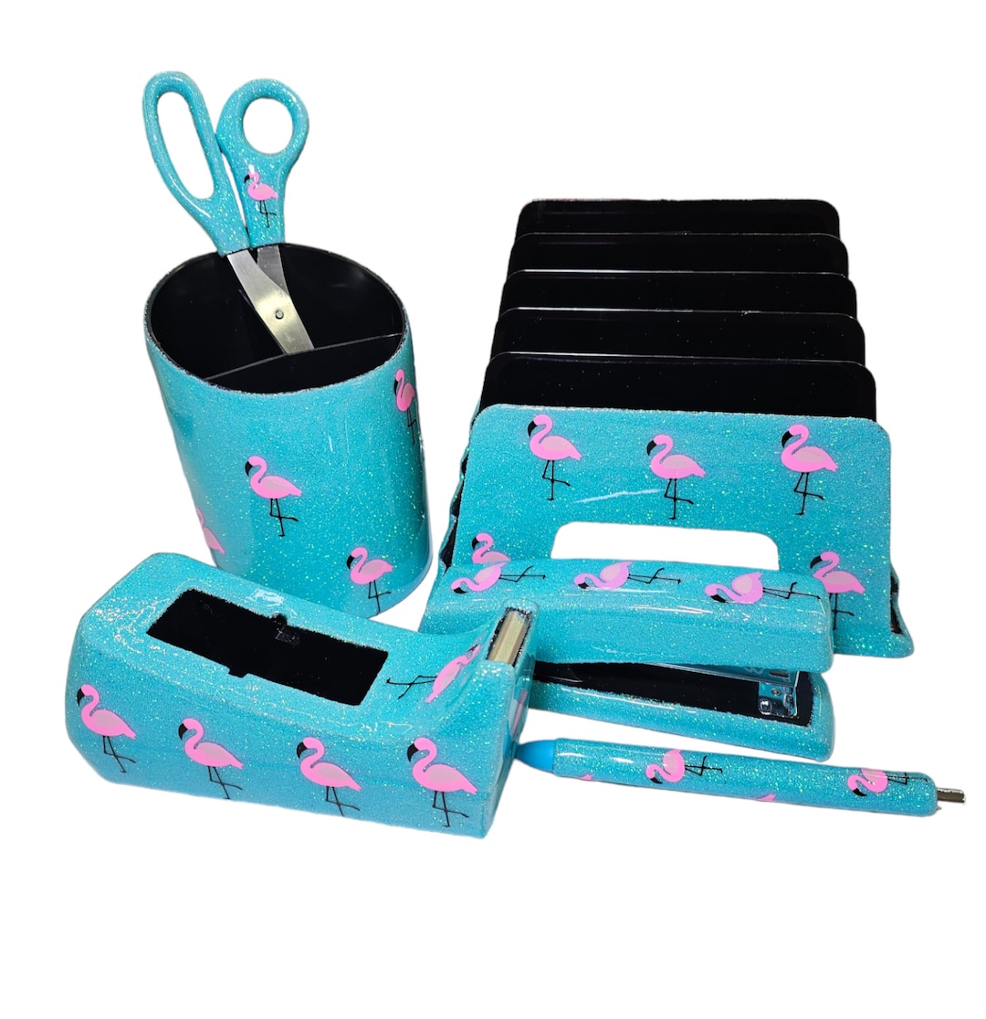 Custom Flamingo Aqua Glitter Office Supply Set, Personalized Office ...