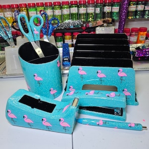 Custom Flamingo Aqua Glitter Office Supply Set, Personalized Office ...
