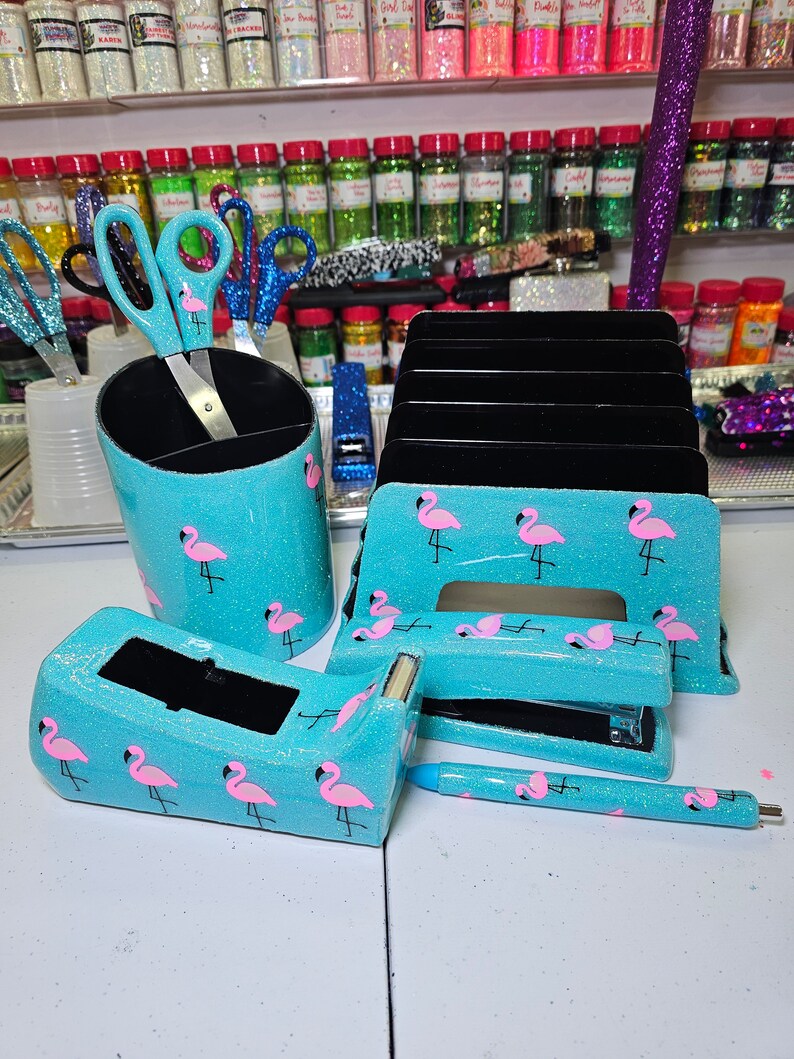 Custom Flamingo Aqua Glitter Office Supply Set, Personalized Office ...