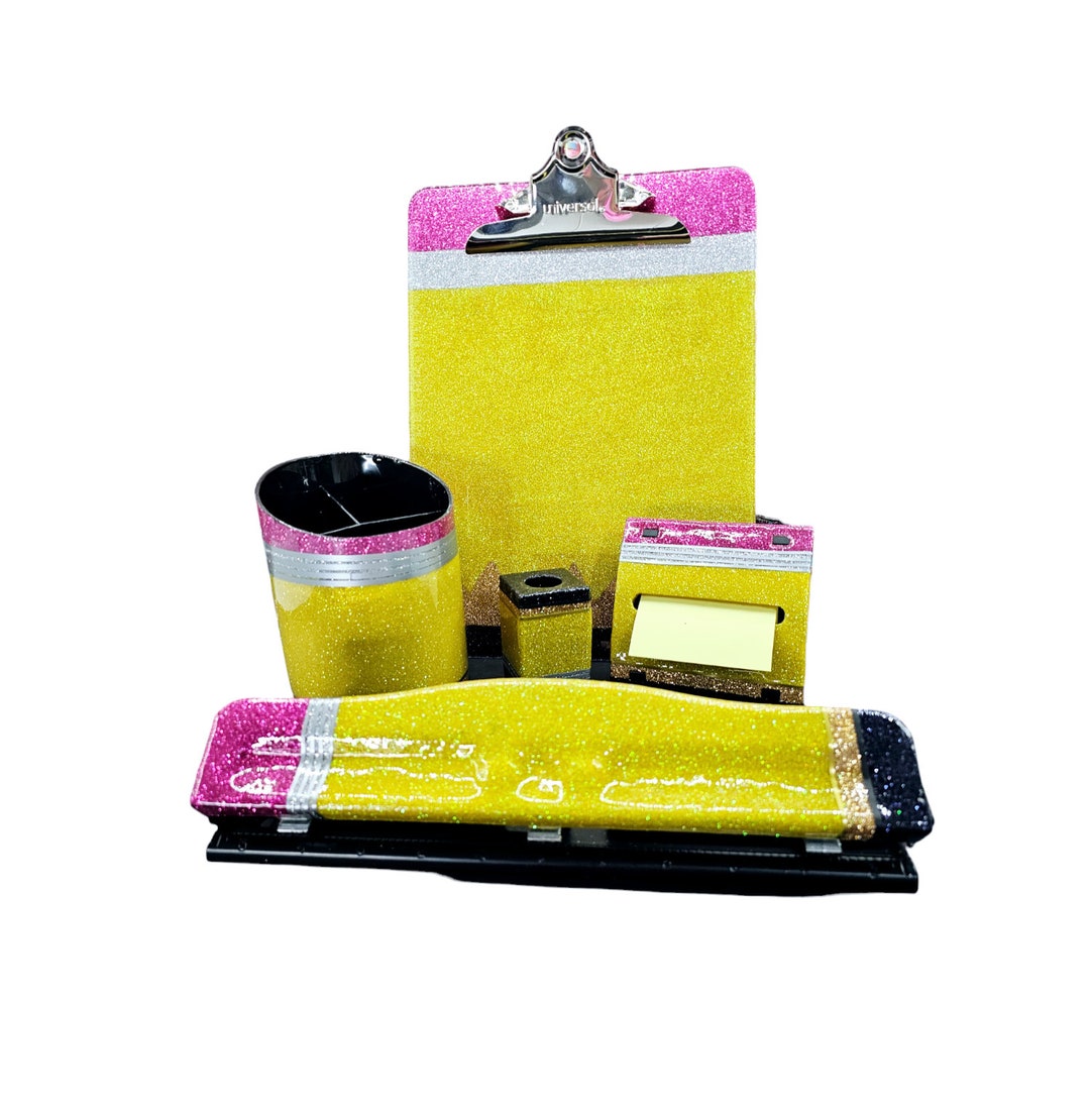 Epoxy Sealed Pencil Themed Teacher Glitter Office Supplies Set, Gold ...