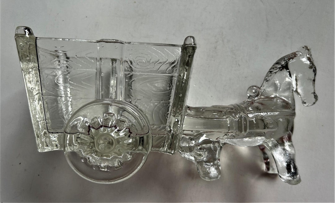 Large Clear Glass Pony Pulling Wagonjeanette Glass Co1950'svtg Pressed ...