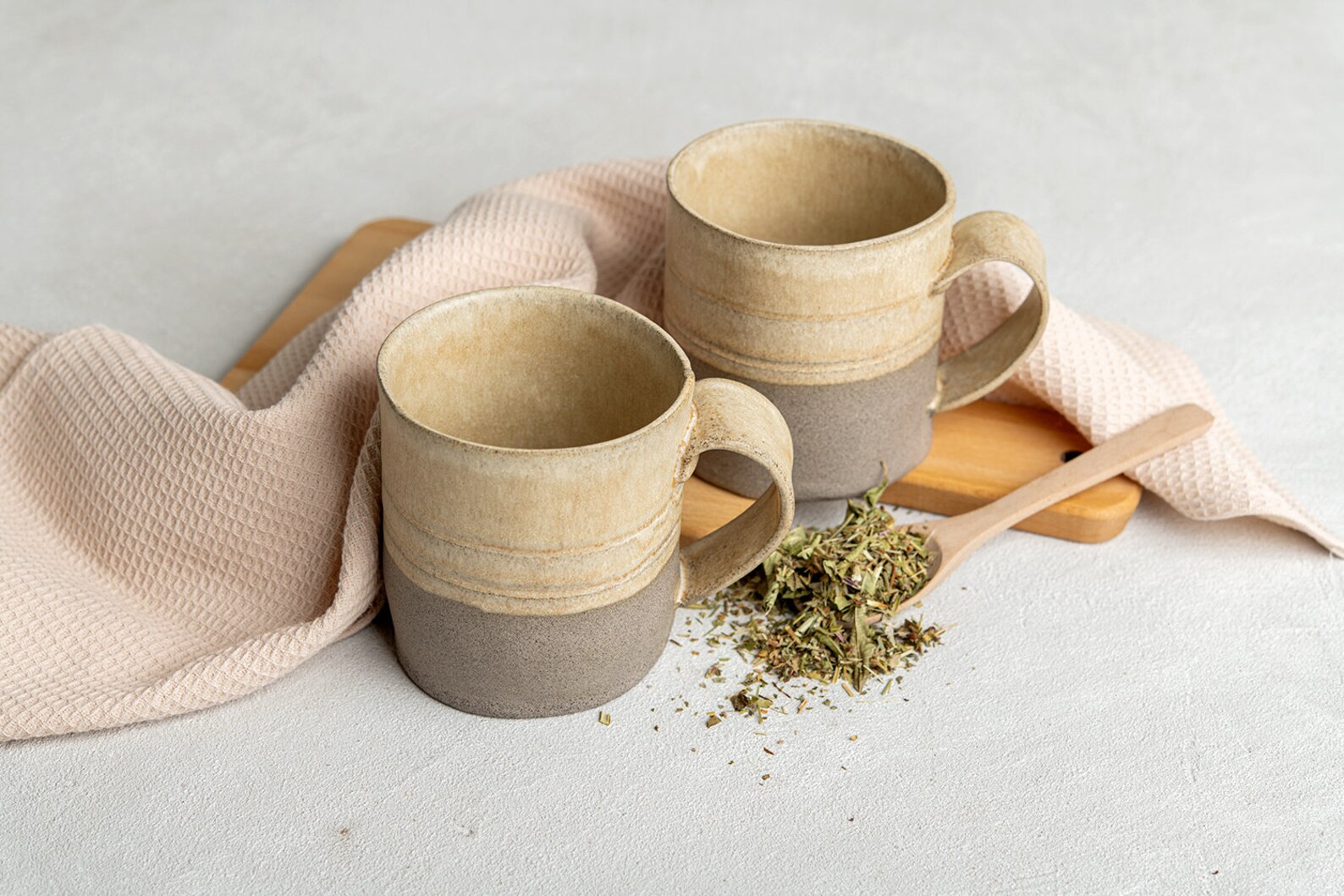 Cream-beige & Gray Stoneware Handmade Tea Mug Set, TWO 13.5 Oz Hand ...