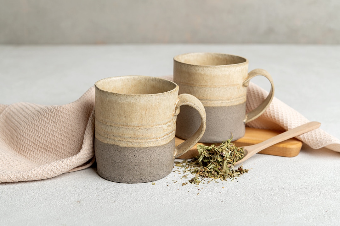 Cream-beige & Gray Stoneware Handmade Tea Mug Set, TWO 13.5 Oz Hand ...