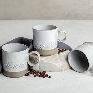 Set of TWO 13.5 Oz Handmade Pottery White Mugs, Large Ceramic Coffee ...