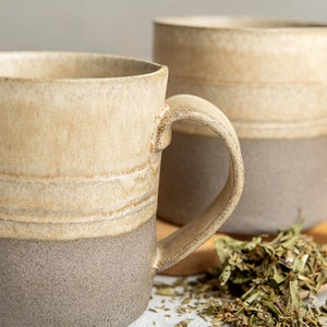Cream-beige & Gray Stoneware Handmade Tea Mug Set, TWO 13.5 Oz Hand ...