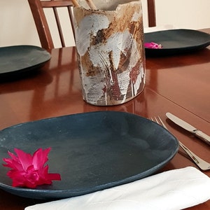 Modern Square Black Ceramic Plate Set of 2, Black Pottery Dinner Plates ...