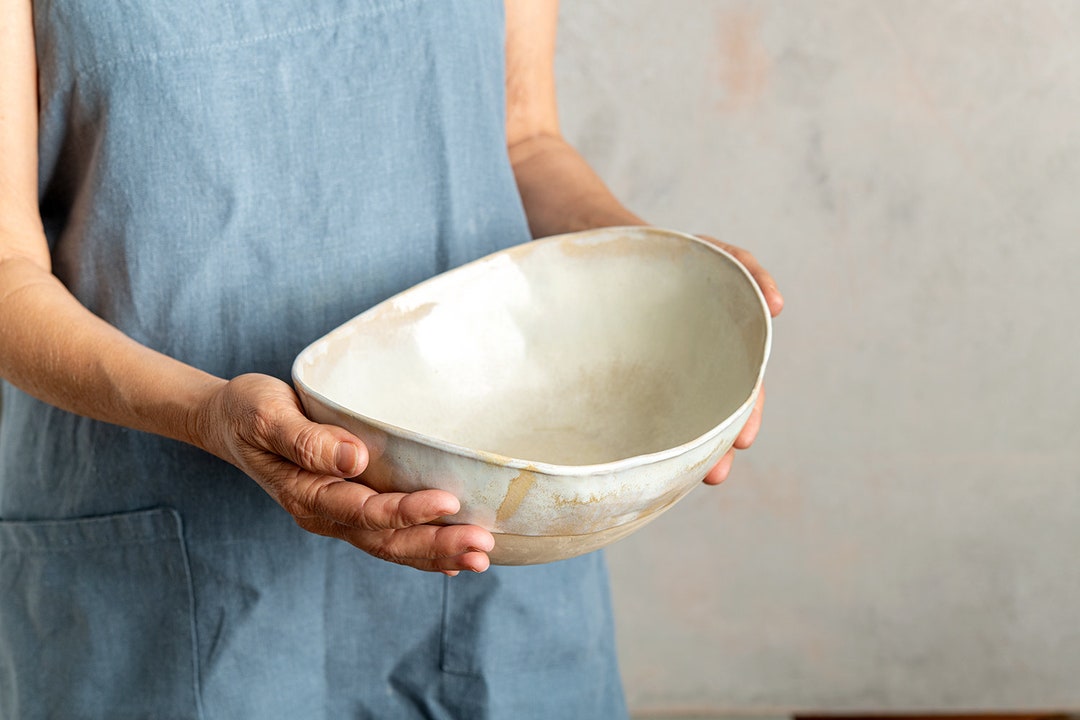 Bol de service fait main en grès crème, plat à salade rustique en ...