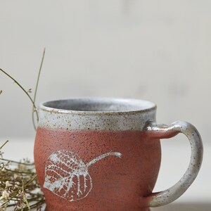 2 Rustic Terracotta Mugs With Leaf Print, XL Pottery Mugs Set, Natural ...