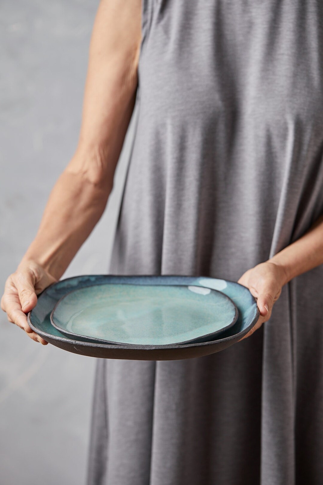 Set of TWO Plates - Handmade Salad Plate and Large Dinner Plate ...