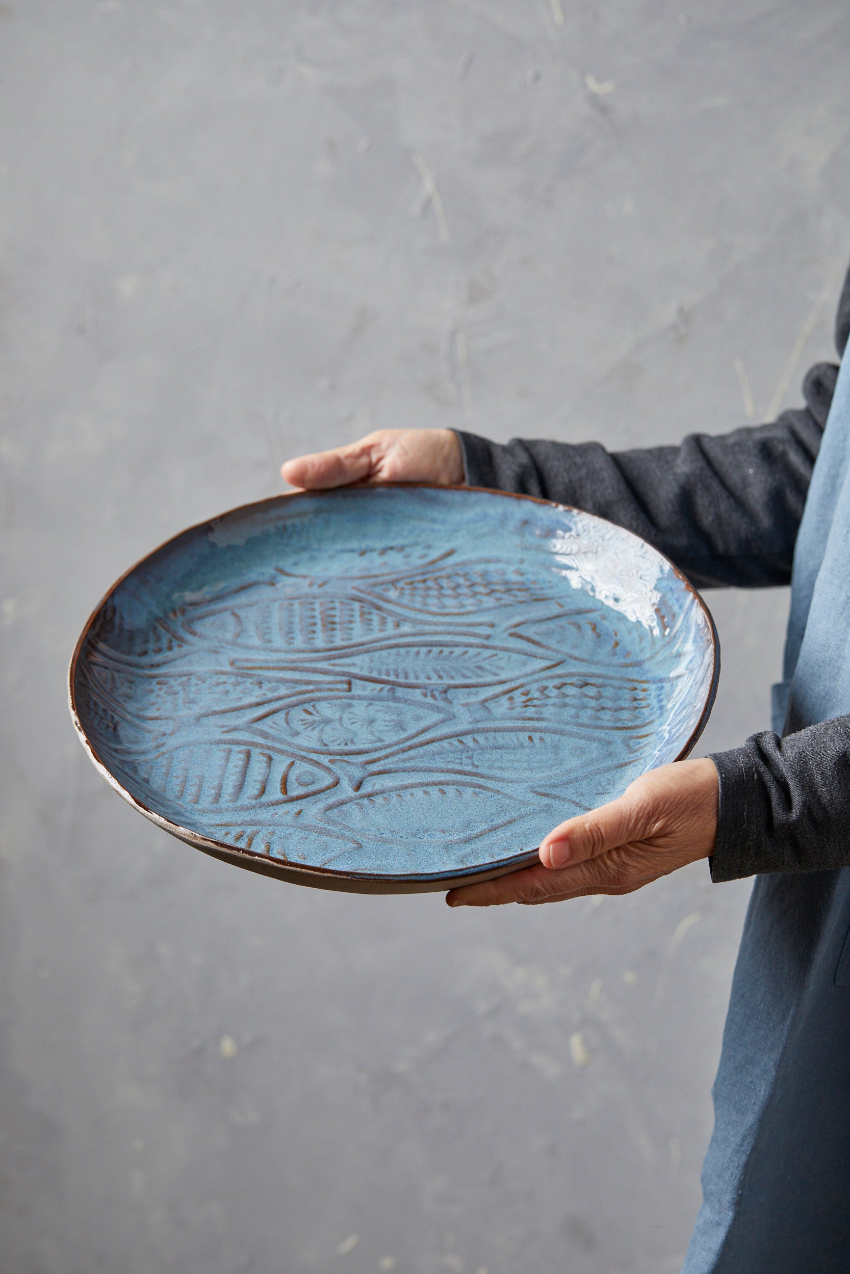 Ceramic Serving Platter Blue Organic Shape Plate Unique - Etsy
