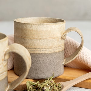 Cream-beige & Gray Stoneware Handmade Tea Mug Set, TWO 13.5 Oz Hand ...