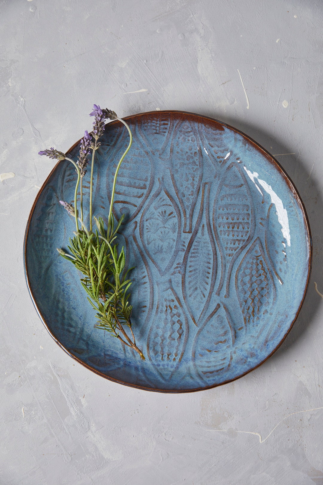 Handmade Blue Ceramic Platter: Fish Embossed Stoneware Serving Dish - Etsy