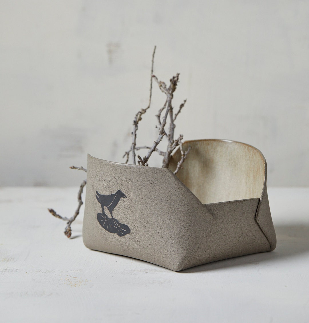 Large Gray Artistic Hand-folded Pottery Bowl, Deep Decorative Ceramic ...