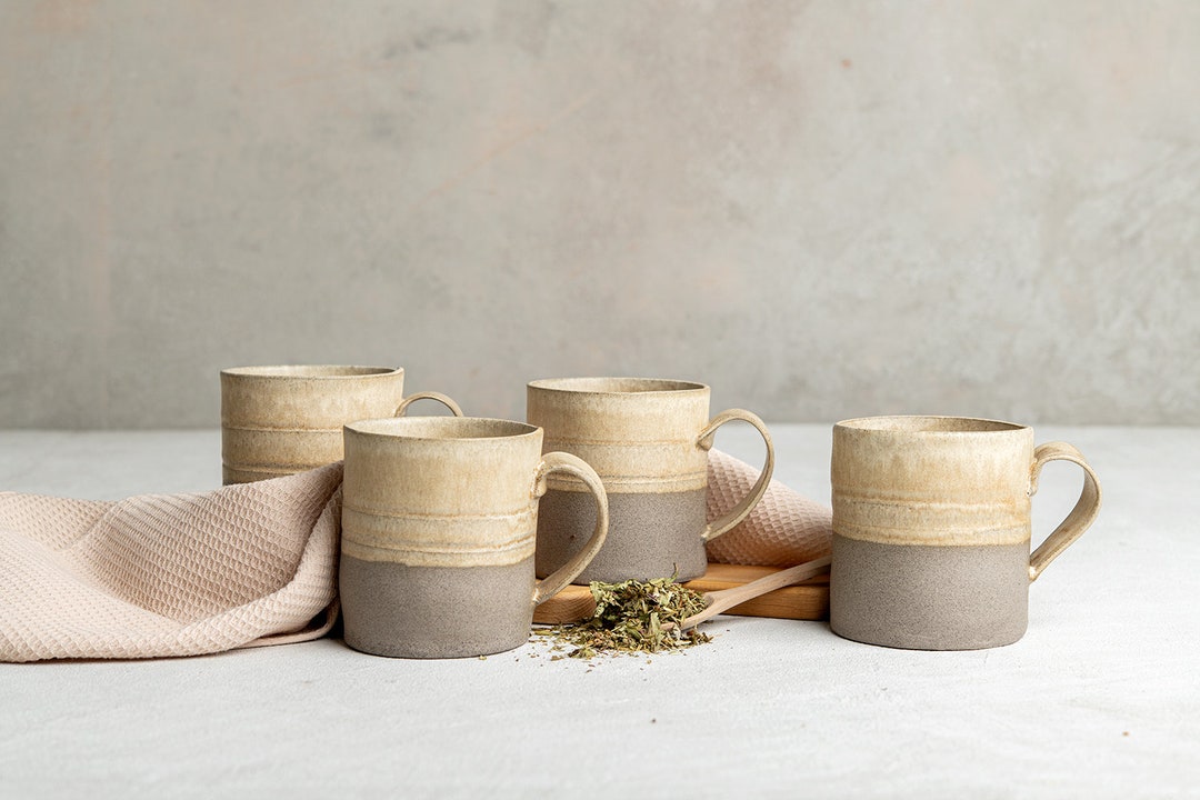 Set of Four Coffee Mugs With Handle, Cream & Gray Handmade Tea Mug Set ...