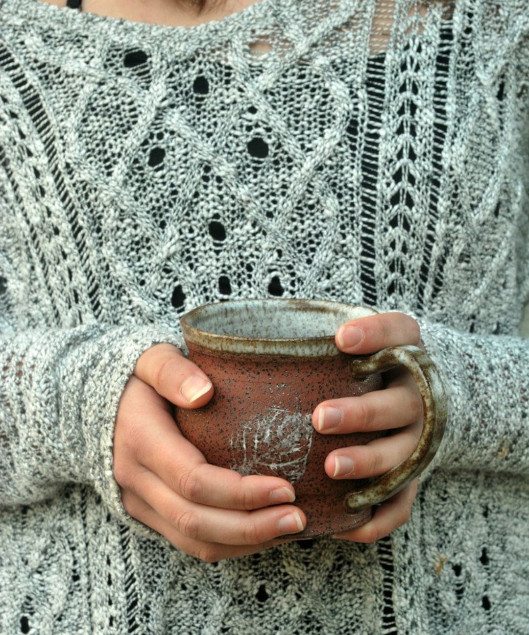 2 Rustic Terracotta Mugs With Leaf Print, XL Pottery Mugs Set, Natural ...