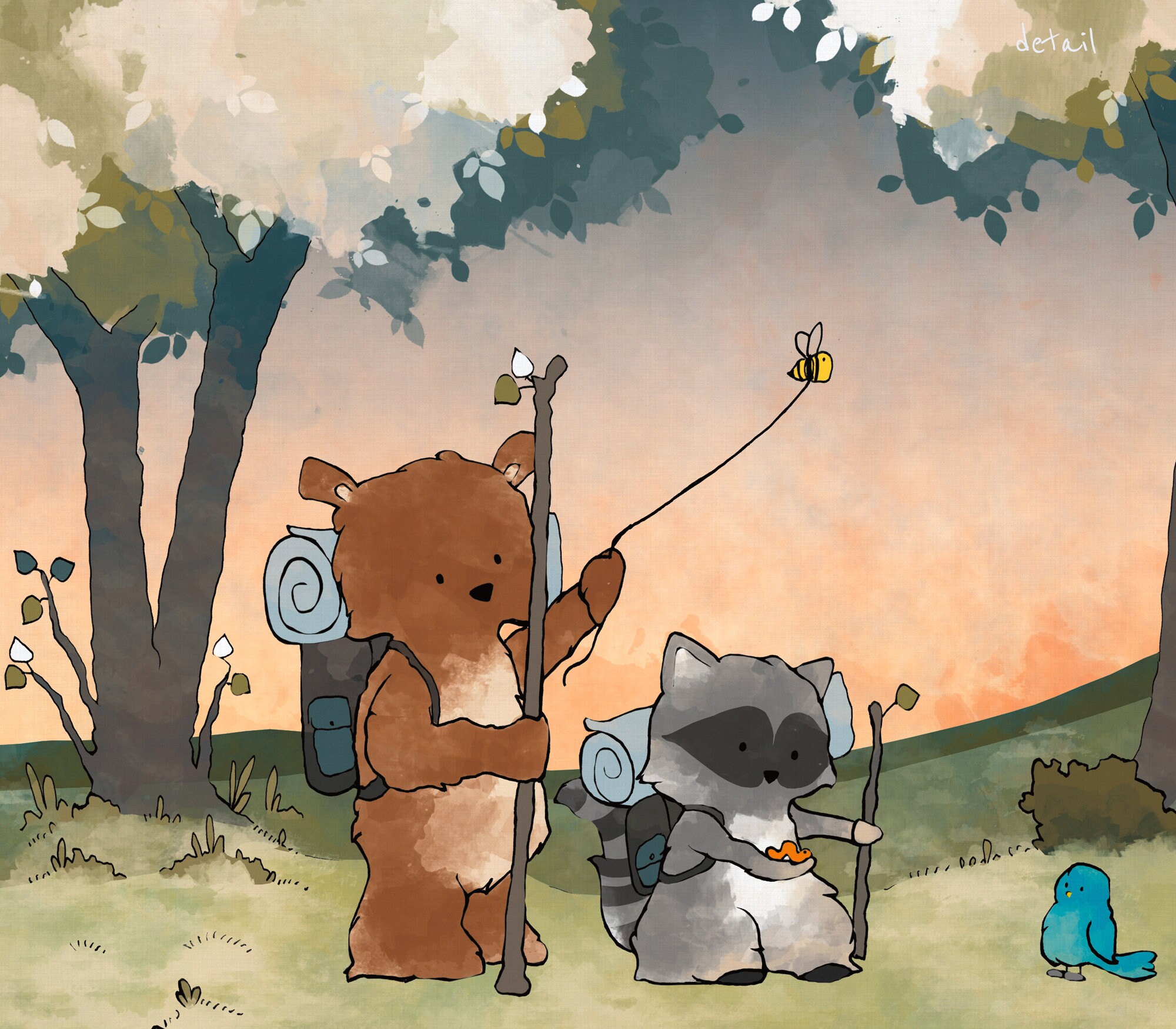 Woodland Animals Art Print Bear and Raccoon Hiking in the - Etsy