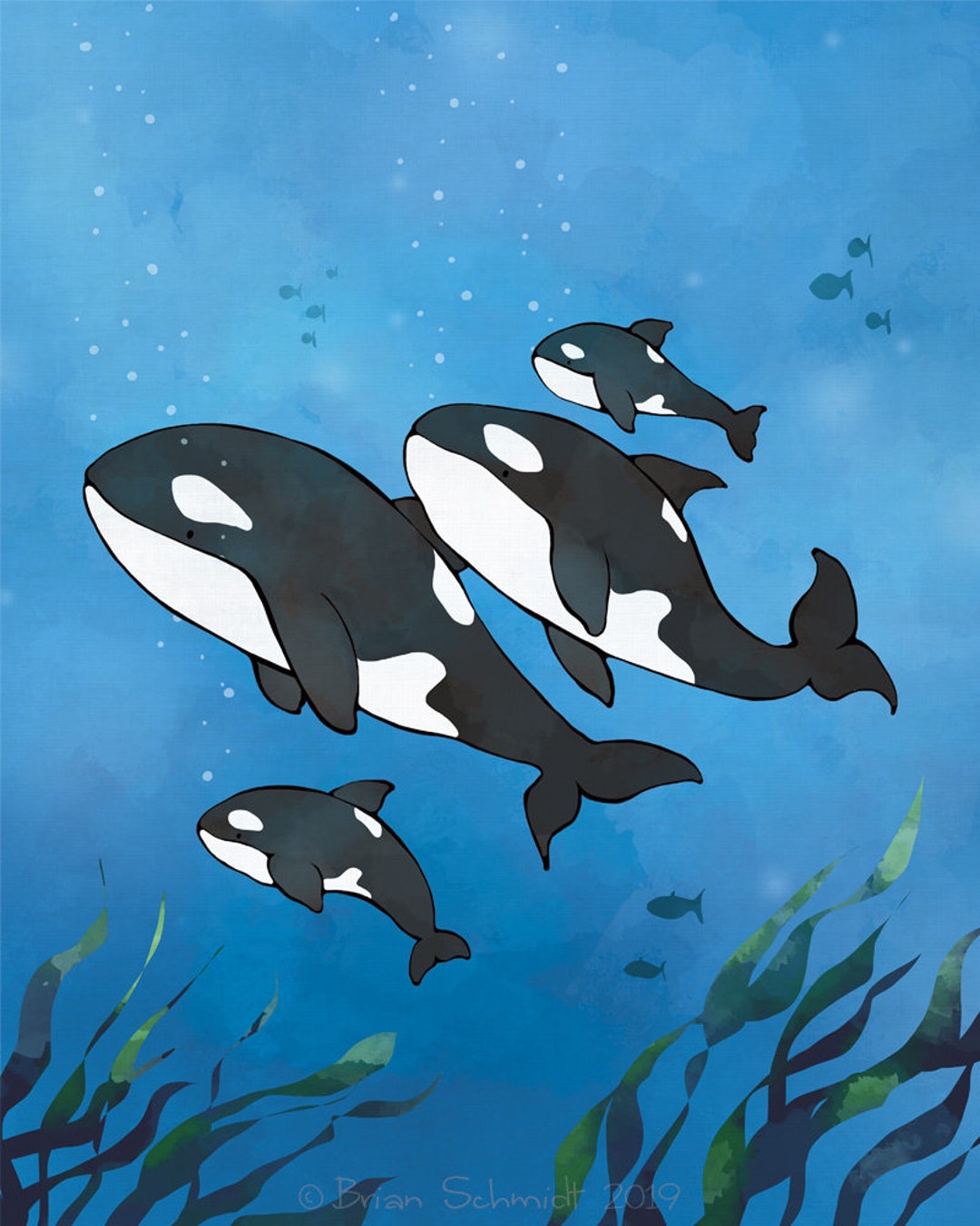 Orca Art Print Killer Whale Family, Underwater Animal Illustration - Etsy