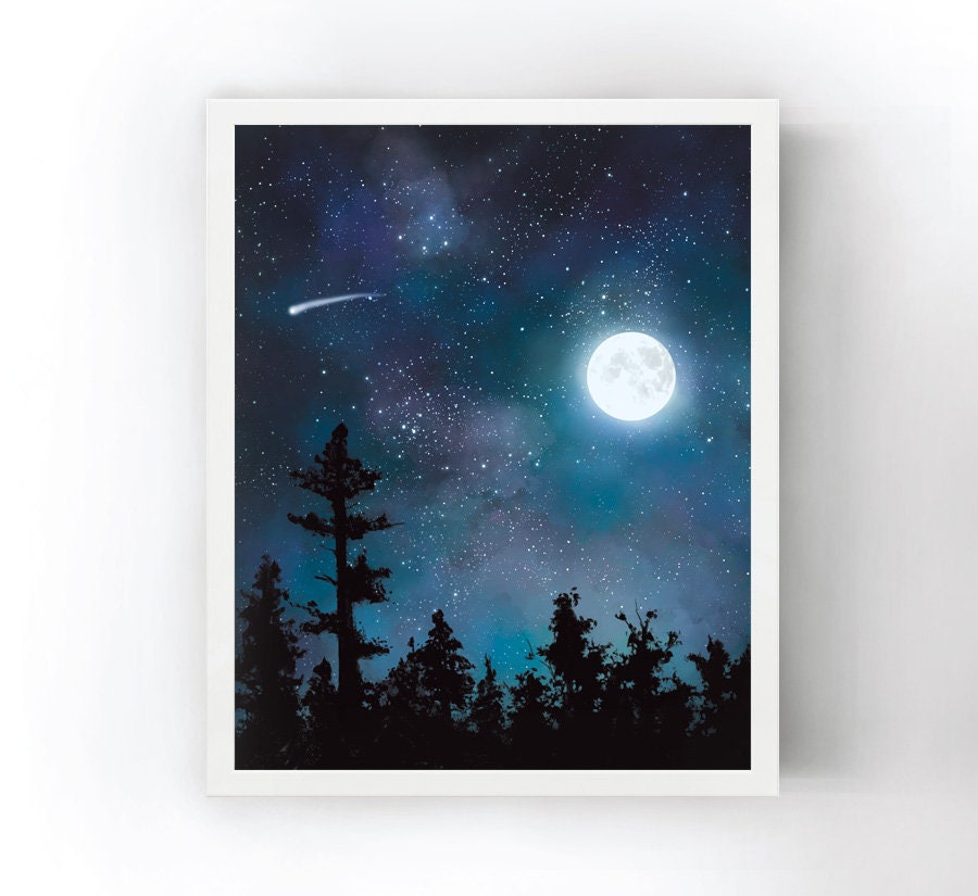 Moon Art Print Night Sky Illustration Moon and Trees | Etsy